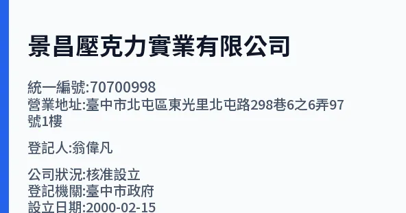 景昌壓克力實業有限公司的照片-統編 70700998(臺中市) 公司登記資料與營業項目詳細圖表