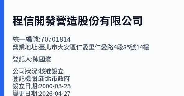 程信開發營造股份有限公司的照片-統編 70701814(臺北市) 公司登記資料與營業項目詳細圖表