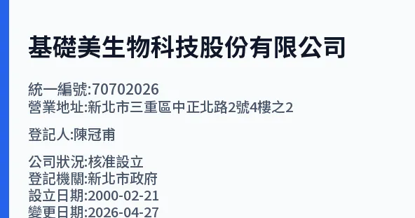 基礎美生物科技股份有限公司的照片-統編 70702026(新北市) 公司登記資料與營業項目詳細圖表