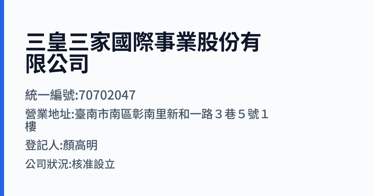 三皇三家國際事業股份有限公司 - 統編 70702047（臺南市） 公司登記資料與營業項目詳細圖表