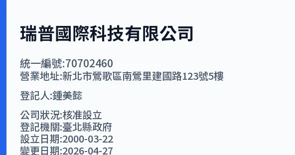 瑞普國際科技有限公司的照片-統編 70702460(新北市) 公司登記資料與營業項目詳細圖表