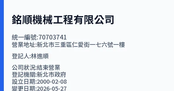 銘順機械工程有限公司的照片-統編 70703741(新北市) 公司登記資料與營業項目詳細圖表