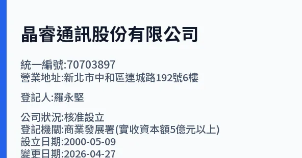 晶睿通訊股份有限公司的照片-統編 70703897(新北市) 公司登記資料與營業項目詳細圖表