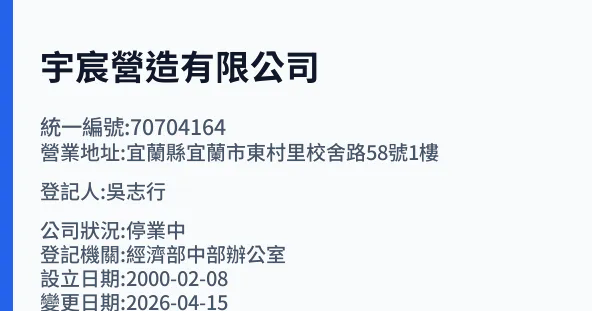 宇宸營造有限公司的照片-統編 70704164(宜蘭縣) 公司登記資料與營業項目詳細圖表