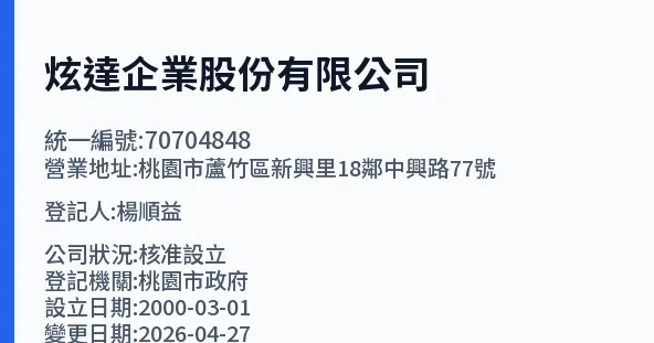 炫達企業股份有限公司的照片-統編 70704848(桃園市) 公司登記資料與營業項目詳細圖表
