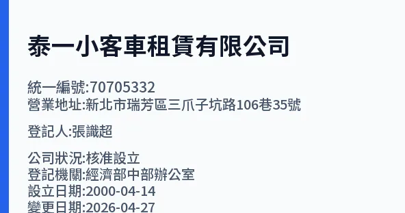 泰一小客車租賃有限公司的照片-統編 70705332(新北市) 公司登記資料與營業項目詳細圖表