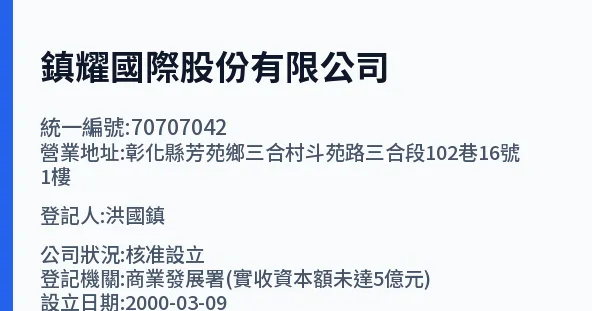 鎮耀國際股份有限公司的照片-統編 70707042(彰化縣) 公司登記資料與營業項目詳細圖表
