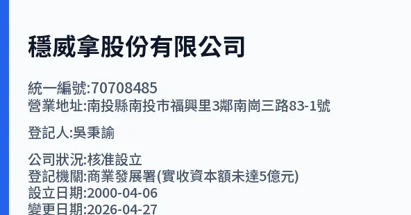 穩威拿股份有限公司的照片-統編 70708485(南投縣) 公司登記資料與營業項目詳細圖表