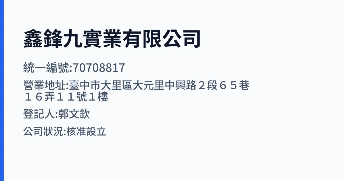 鑫鋒九實業有限公司 - 統編 70708817(臺中市) 公司登記資料與營業項目詳細圖表