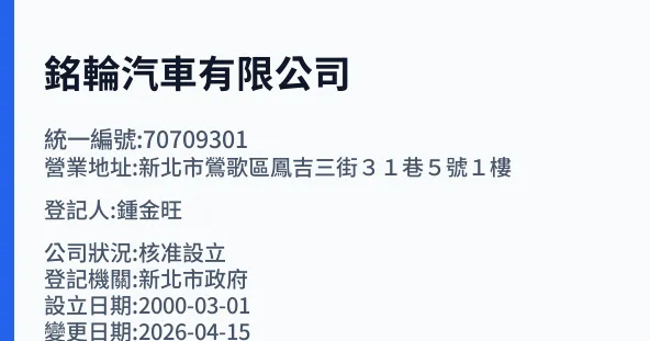 銘輪汽車有限公司的照片-統編 70709301(新北市) 公司登記資料與營業項目詳細圖表