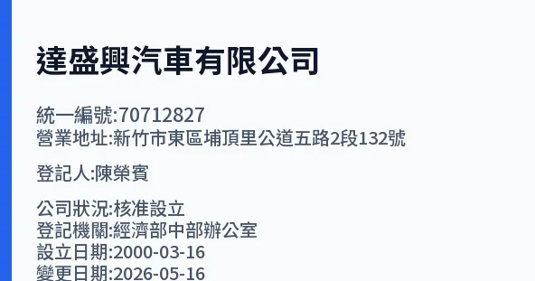 達盛興汽車有限公司的照片-統編 70712827(新竹市) 公司登記資料與營業項目詳細圖表