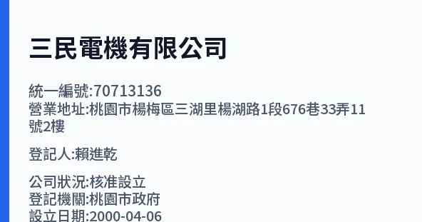 三民電機有限公司的照片-統編 70713136(桃園市) 公司登記資料與營業項目詳細圖表