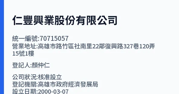 仁豐興業股份有限公司的照片-統編 70715057(高雄市) 公司登記資料與營業項目詳細圖表