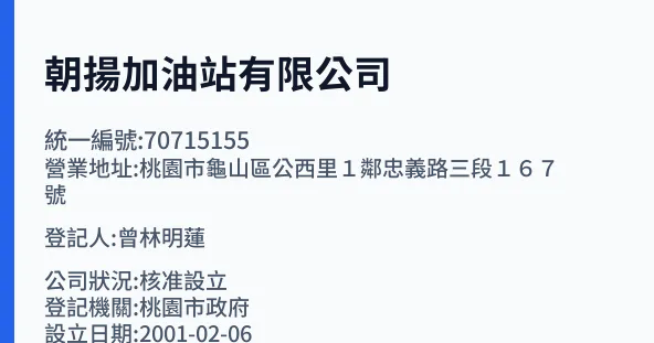 朝揚加油站有限公司的照片-統編 70715155(桃園市) 公司登記資料與營業項目詳細圖表