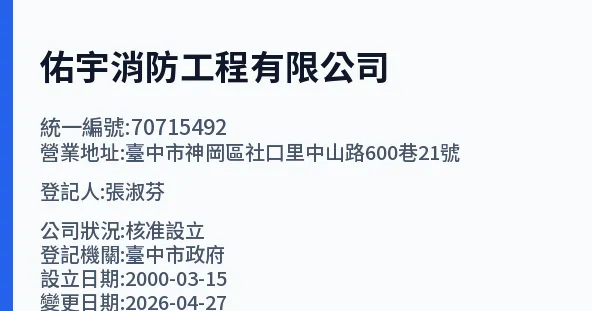 佑宇消防工程有限公司的照片-統編 70715492(臺中市) 公司登記資料與營業項目詳細圖表