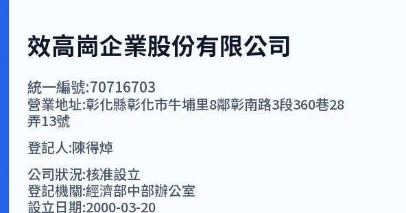 效高崗企業股份有限公司的照片-統編 70716703(彰化縣) 公司登記資料與營業項目詳細圖表