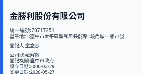 金勝利股份有限公司的照片-統編 70717251(臺中市) 公司登記資料與營業項目詳細圖表