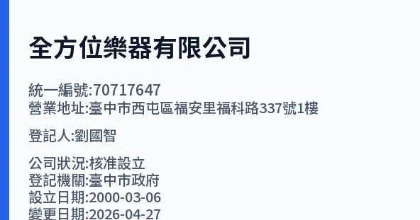 全方位樂器有限公司的照片-統編 70717647(臺中市) 公司登記資料與營業項目詳細圖表