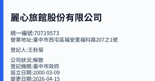 麗心旅館股份有限公司的照片-統編 70719573(臺中市) 公司登記資料與營業項目詳細圖表