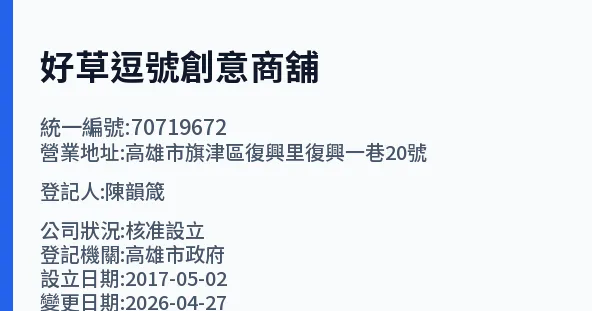 好草逗號創意商舖的照片-統編 70719672(高雄市) 公司登記資料與營業項目詳細圖表