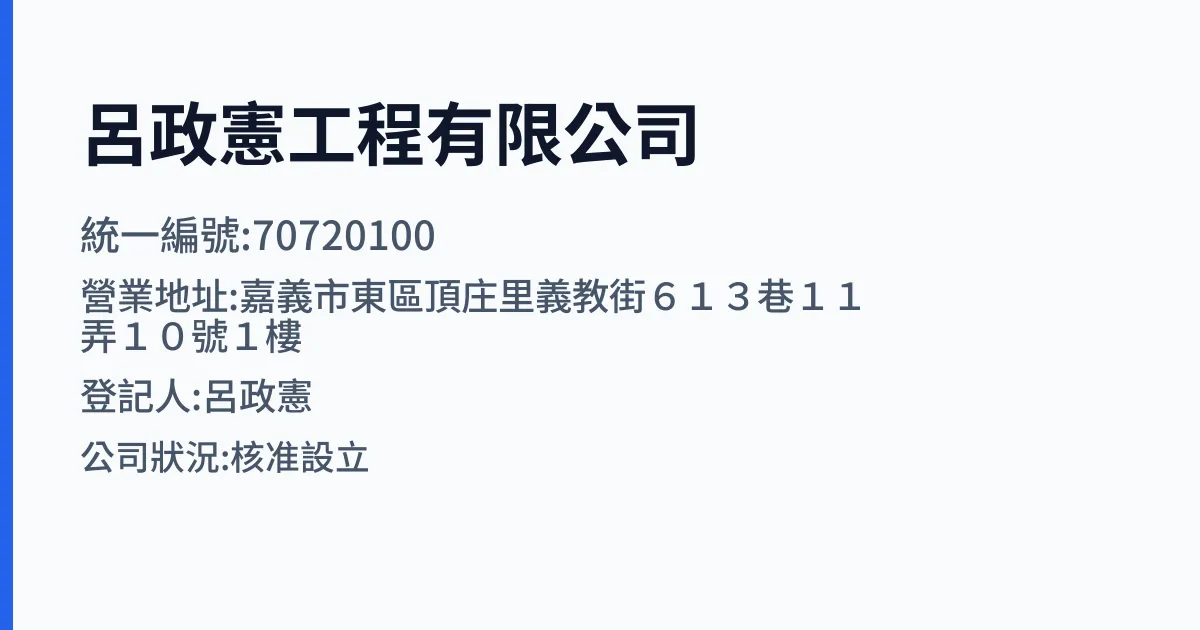 呂政憲工程有限公司 - 統編 70720100(嘉義市) 公司登記資料與營業項目詳細圖表
