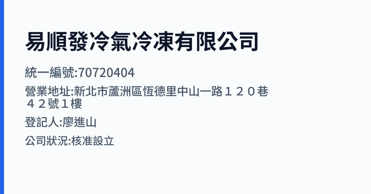 易順發冷氣冷凍有限公司 - 統編 70720404(新北市) 公司登記資料與營業項目詳細圖表