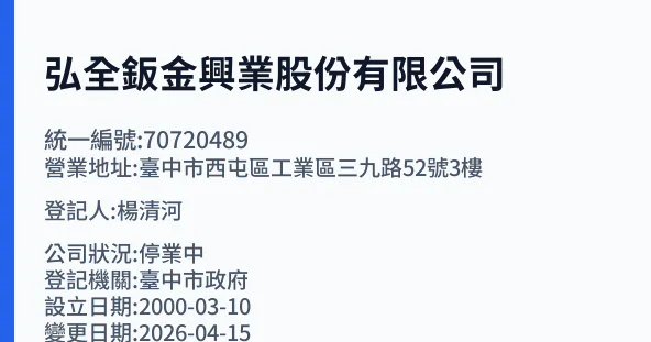 弘全鈑金興業股份有限公司的照片-統編 70720489(臺中市) 公司登記資料與營業項目詳細圖表