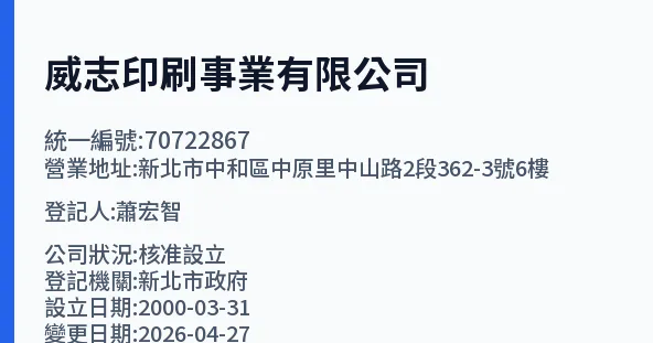 威志印刷事業有限公司的照片-統編 70722867(新北市) 公司登記資料與營業項目詳細圖表