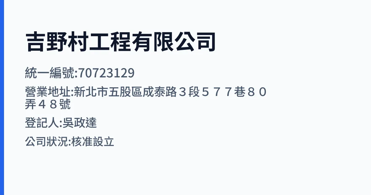 吉野村工程有限公司 - 統編 70723129(新北市) 公司登記資料與營業項目詳細圖表