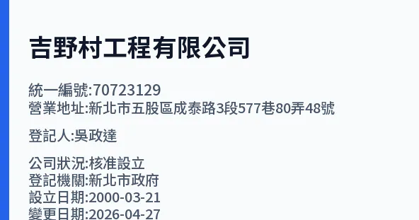 吉野村工程有限公司的照片-統編 70723129(新北市) 公司登記資料與營業項目詳細圖表