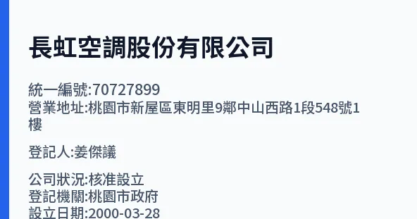 長虹空調股份有限公司的照片-統編 70727899(桃園市) 公司登記資料與營業項目詳細圖表