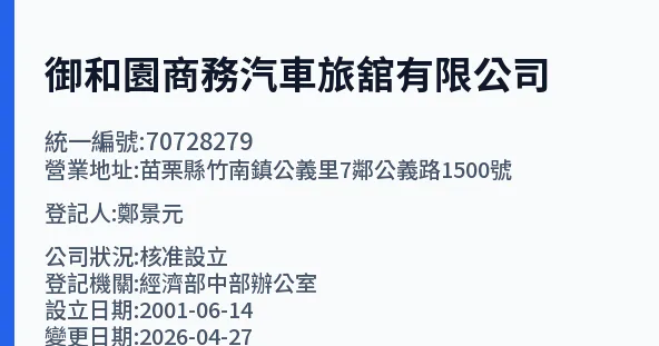 御和園商務汽車旅舘有限公司的照片-統編 70728279(苗栗縣) 公司登記資料與營業項目詳細圖表