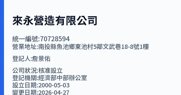 來永營造有限公司的照片-統編 70728594(南投縣) 公司登記資料與營業項目詳細圖表