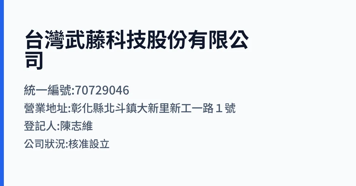 台灣武藤科技股份有限公司 - 統編 70729046(彰化縣) 公司登記資料與營業項目詳細圖表