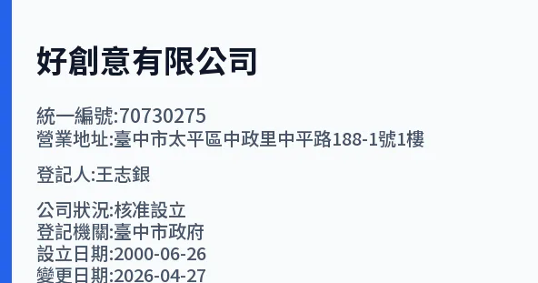 好創意有限公司的照片-統編 70730275(臺中市) 公司登記資料與營業項目詳細圖表