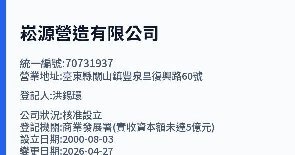 崧源營造有限公司的照片-統編 70731937(臺東縣) 公司登記資料與營業項目詳細圖表
