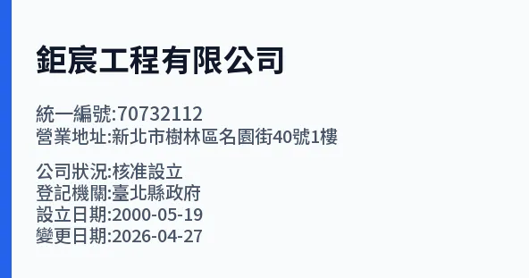 鉅宸工程有限公司的照片-統編 70732112(新北市) 公司登記資料與營業項目詳細圖表