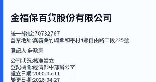 金福保百貨股份有限公司的照片-統編 70732767(嘉義縣) 公司登記資料與營業項目詳細圖表