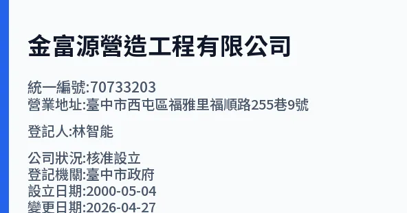 金富源營造工程有限公司的照片-統編 70733203(臺中市) 公司登記資料與營業項目詳細圖表