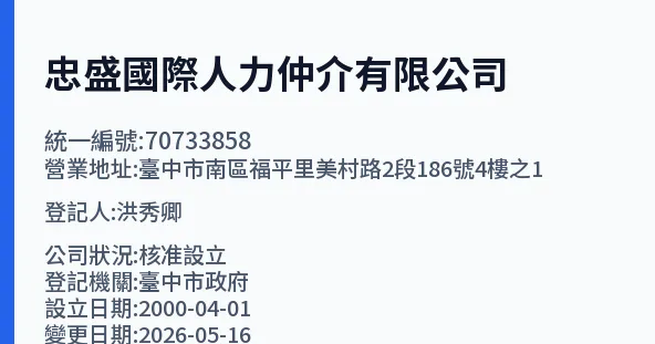 忠盛國際人力仲介有限公司的照片-統編 70733858(臺中市) 公司登記資料與營業項目詳細圖表