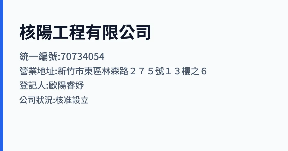 核陽工程有限公司 - 統編 70734054(新竹市) 公司登記資料與營業項目詳細圖表