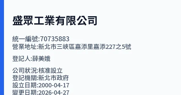 盛眾工業有限公司的照片-統編 70735883(新北市) 公司登記資料與營業項目詳細圖表