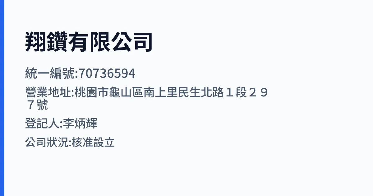翔鑽有限公司 - 統編 70736594(桃園市) 公司登記資料與營業項目詳細圖表