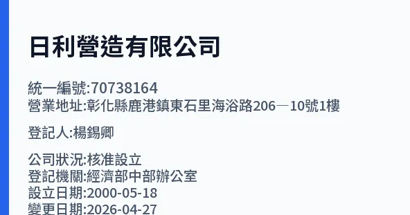 日利營造有限公司的照片-統編 70738164(彰化縣) 公司登記資料與營業項目詳細圖表