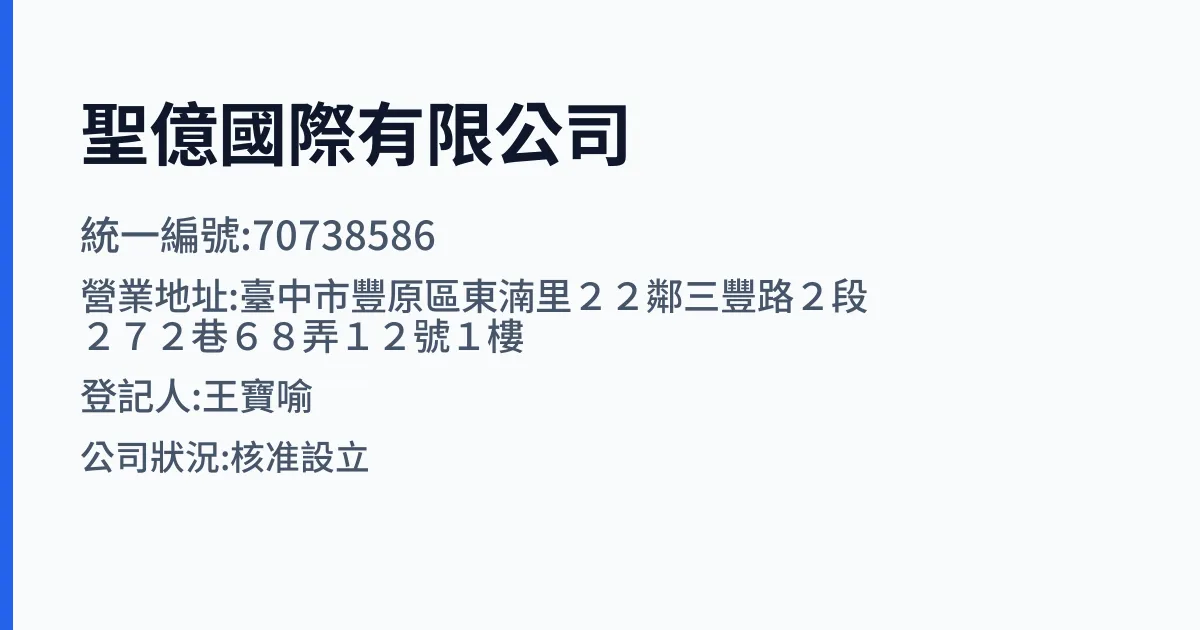 聖億國際有限公司 - 統編 70738586(臺中市) 公司登記資料與營業項目詳細圖表