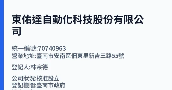 東佑達自動化科技股份有限公司的照片-統編 70740963(臺南市) 公司登記資料與營業項目詳細圖表