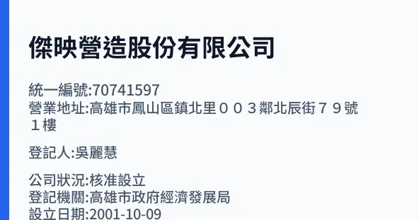 傑映營造股份有限公司的照片-統編 70741597(高雄市) 公司登記資料與營業項目詳細圖表