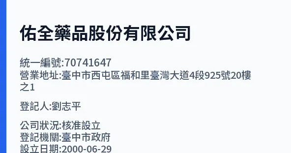 佑全藥品股份有限公司的照片-統編 70741647(臺中市) 公司登記資料與營業項目詳細圖表