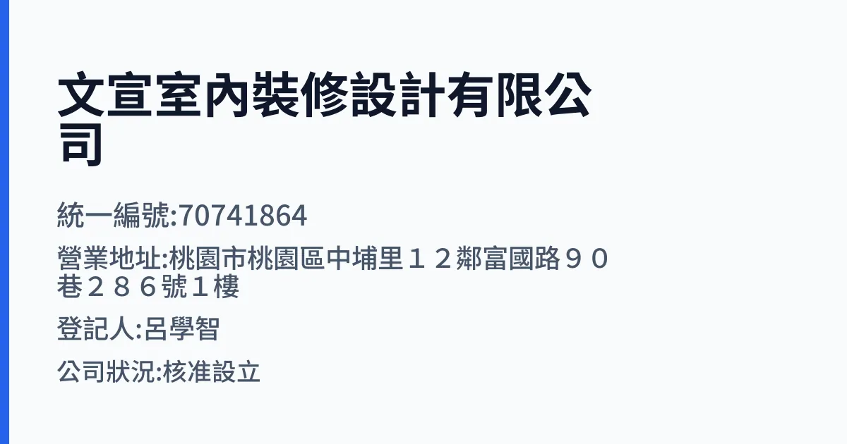 文宣室內裝修設計有限公司 - 統編 70741864(桃園市) 公司登記資料與營業項目詳細圖表