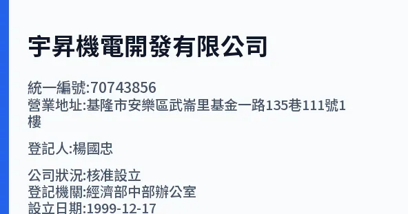 宇昇機電開發有限公司的照片-統編 70743856(基隆市) 公司登記資料與營業項目詳細圖表